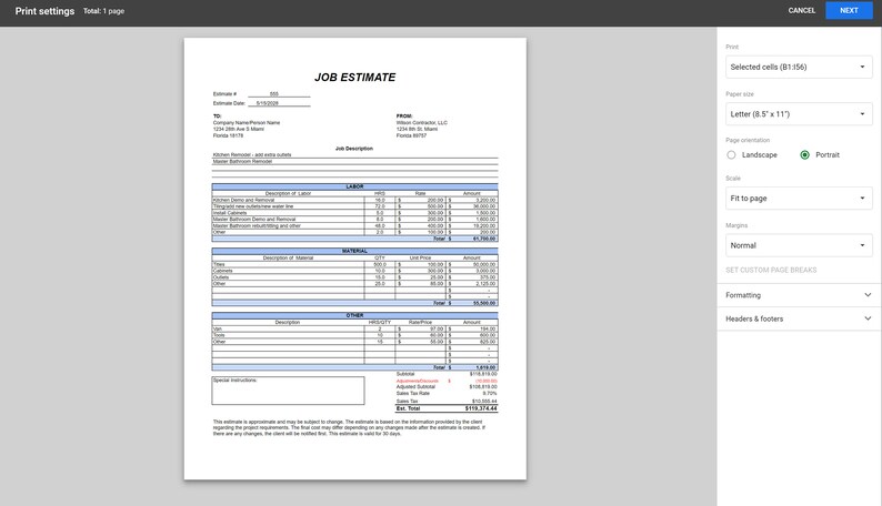 Job Estimate Template: Construction Proposal, Bid Template (excel ...