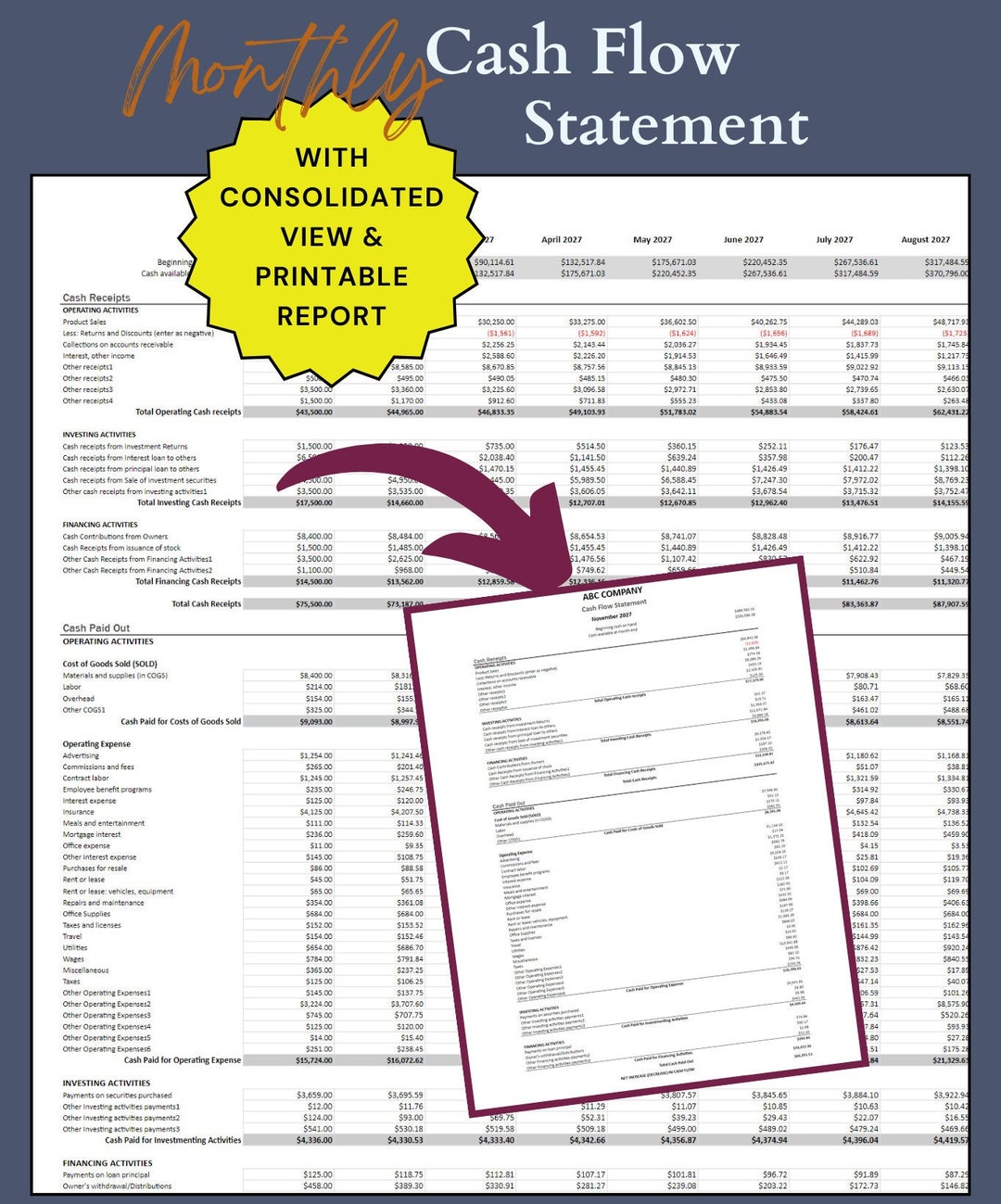 Monthly Cash Flow Statement Template: Small Business Report - Etsy
