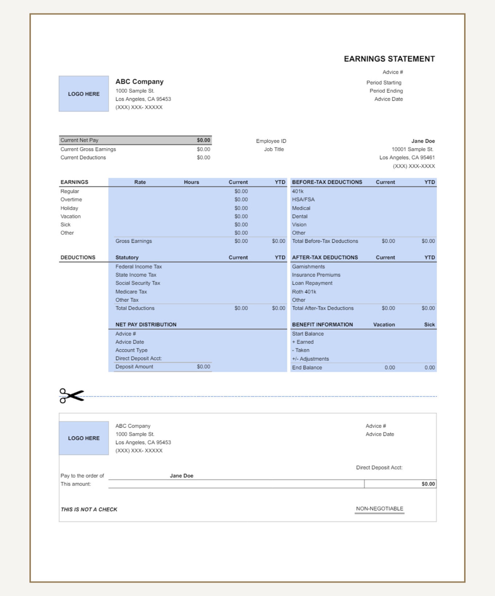 Paystub Template, Earnings Statement, Payroll Template, Payslip ...