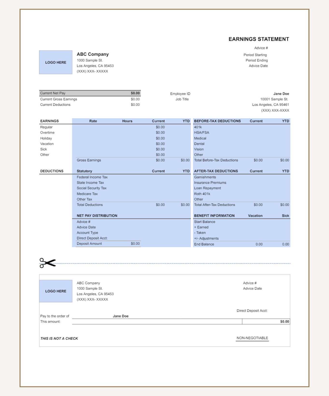 Paystub Template, Earnings Statement, Payroll Template, Payslip ...