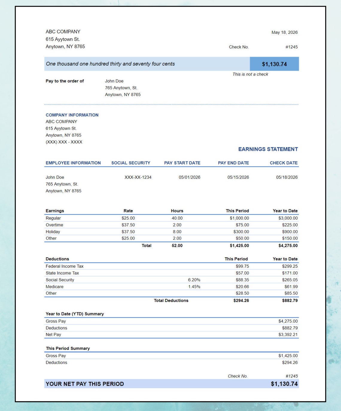 Paystub Template, Earnings Statement, Employee Payroll, Small Business ...