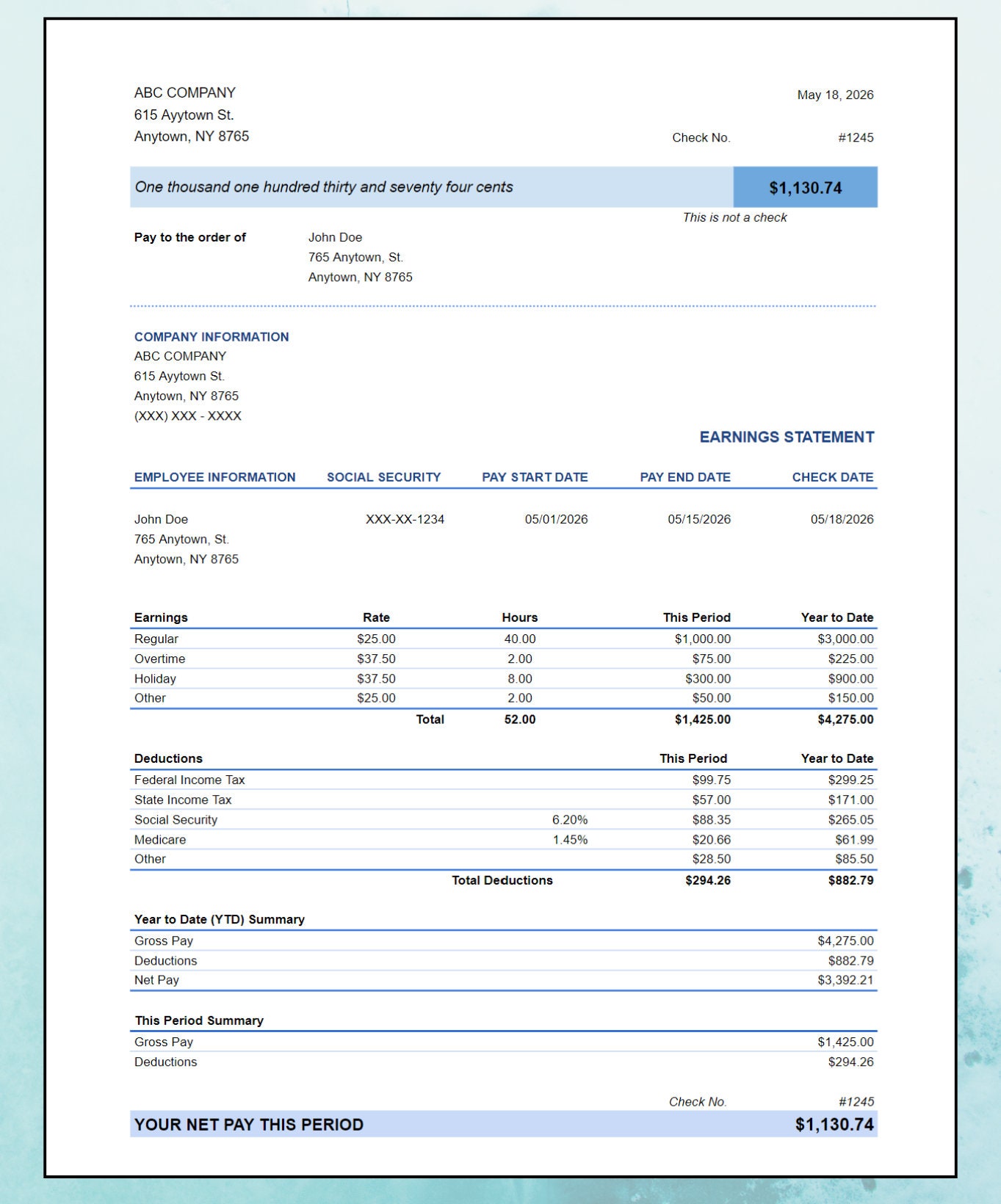 Paystub Template, Earnings Statement, Employee Payroll, Small Business ...