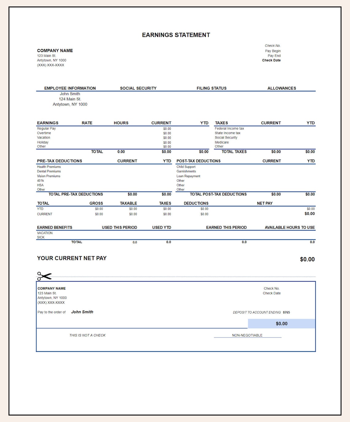 Paystub Template, Earnings Statement, Payroll Template, Payslip ...
