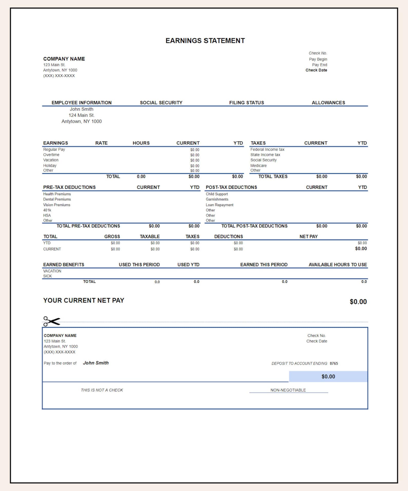 Paystub Template, Earnings Statement, Payroll Template, Payslip ...