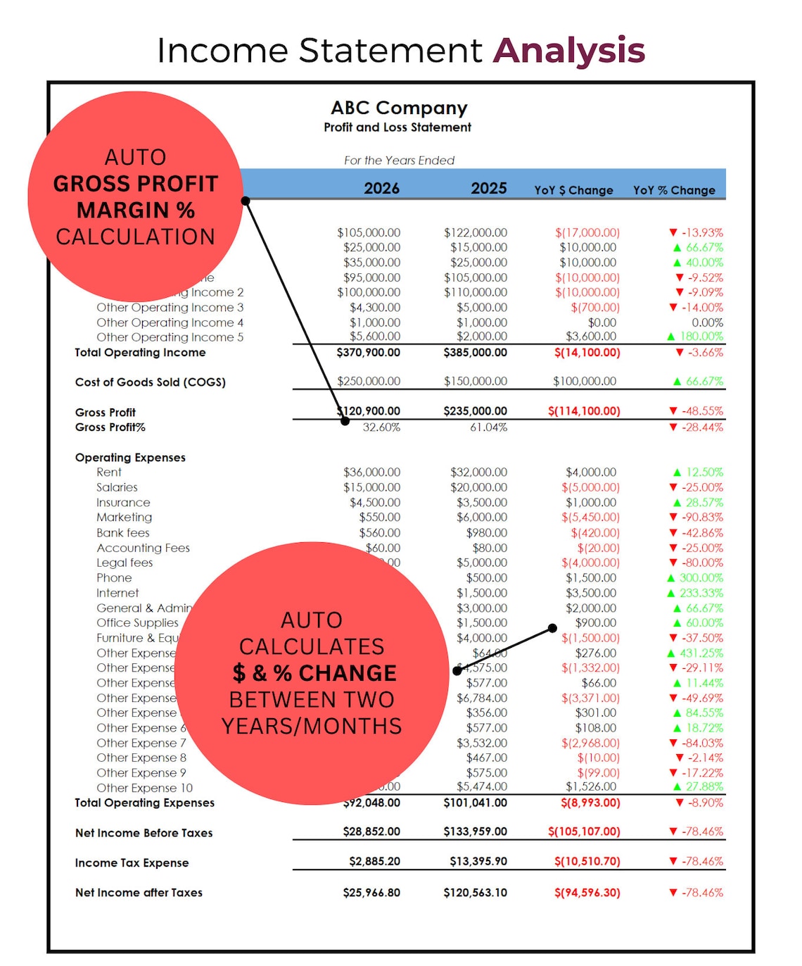 Profit and Loss Statement Template: Prior Year Comparison (excel ...