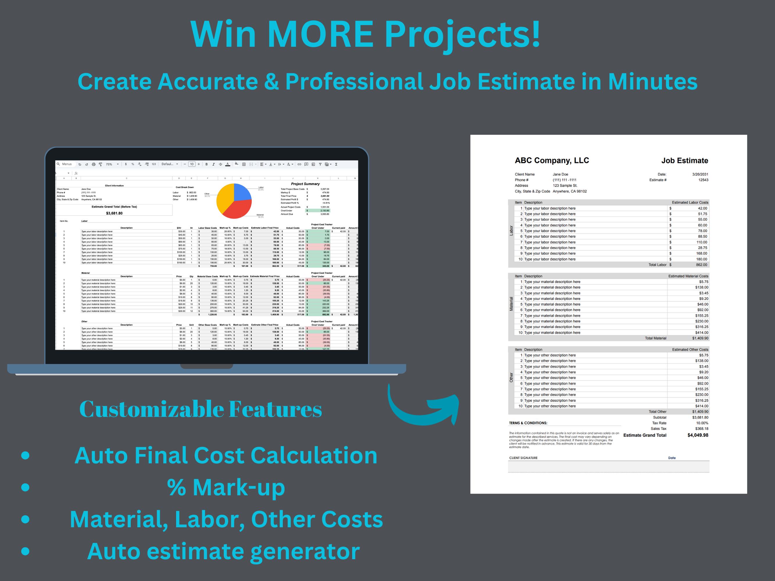 Construction Estimate Calculator, Job Estimate Calculator, Bid ...