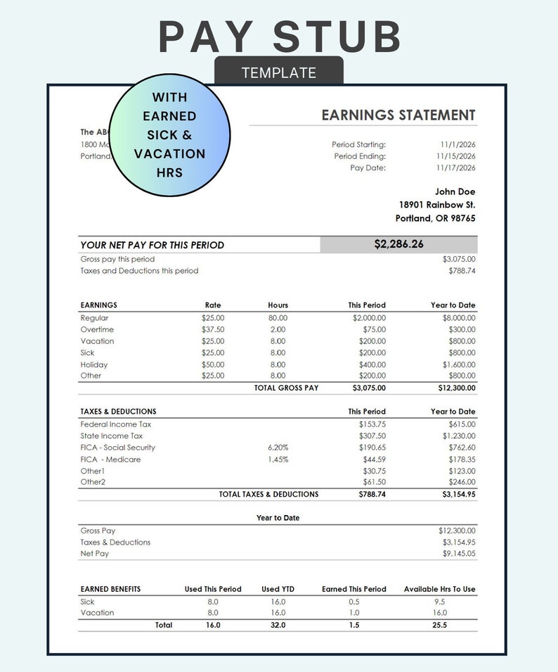 Paystub Template, Earnings Statement, Employee Payroll, Small Business ...