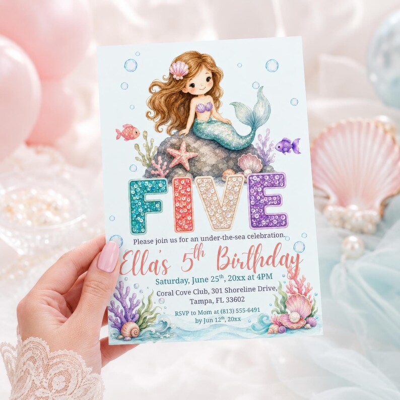 Mermaid 5th Birthday Invitation Canva Template, Editable Under the Sea ...