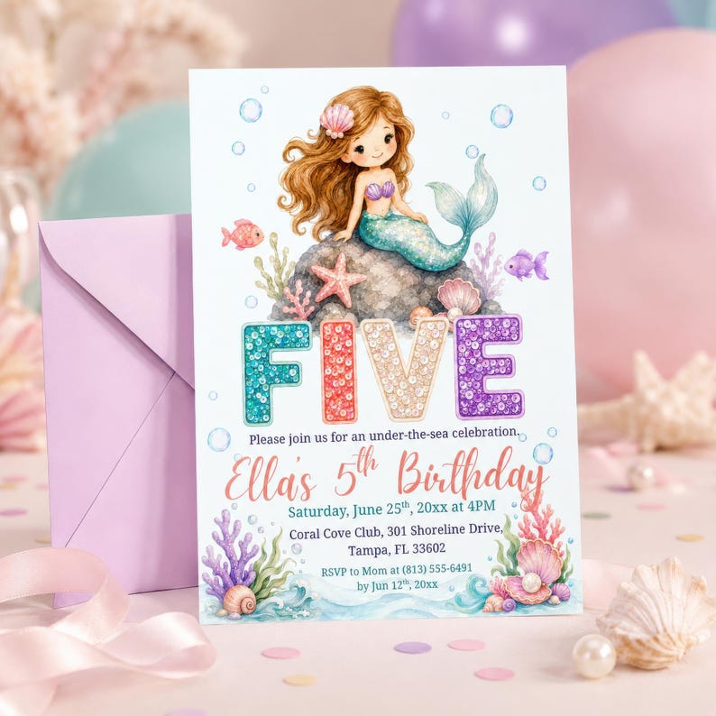 Mermaid 5th Birthday Invitation Canva Template, Editable Under the Sea ...