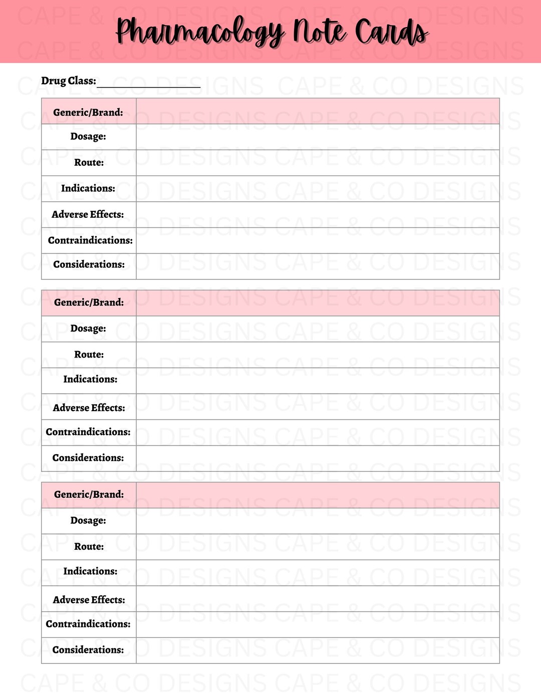 Carte de note de pharmacologie rose imprimable - Etsy France