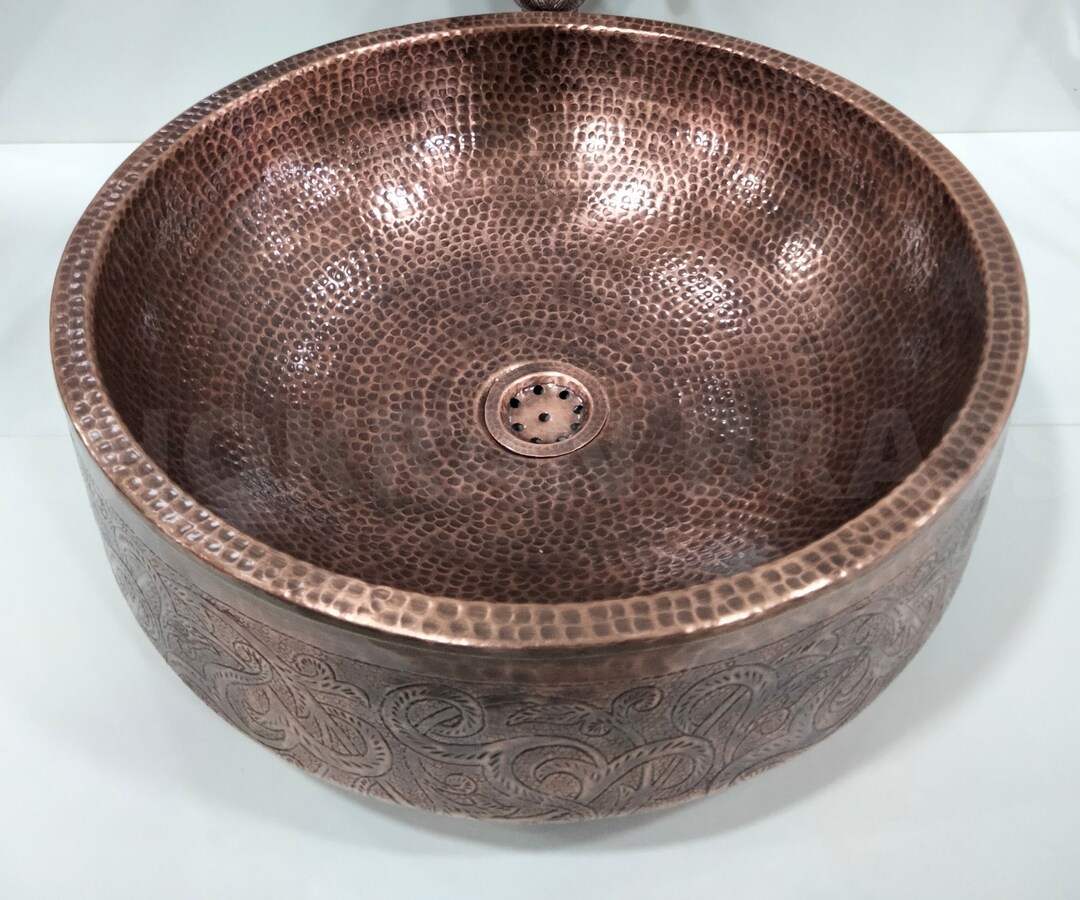 Copper Vessel Sink Engraved Basin Solid Bathroom Vessel Vanity, Counter ...