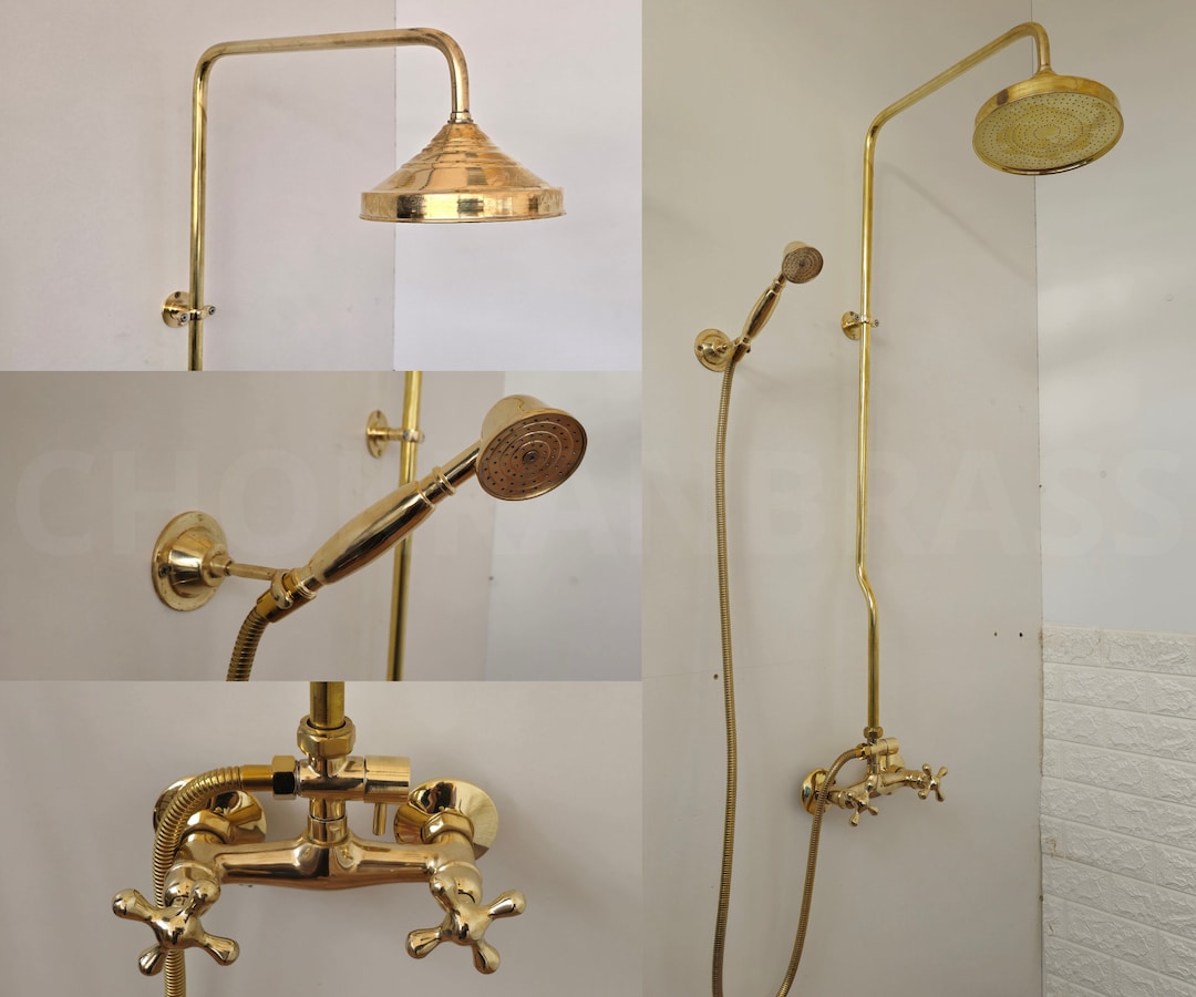 Unlacquered Brass Exposed Shower Head With Handheld, Unpolished Solid ...