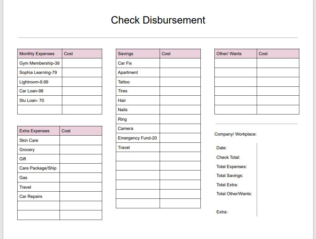 Paycheck Disbursement Download, Printable, Budget Binder, Pink - Etsy