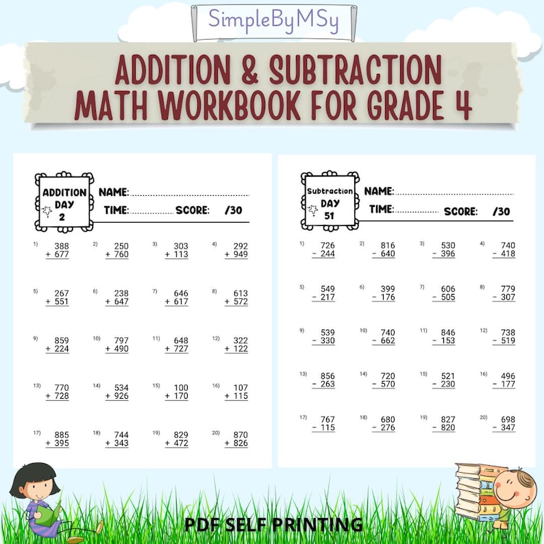 4th Grade Math Worksheets: Addition & Subtraction Practice (printable ...