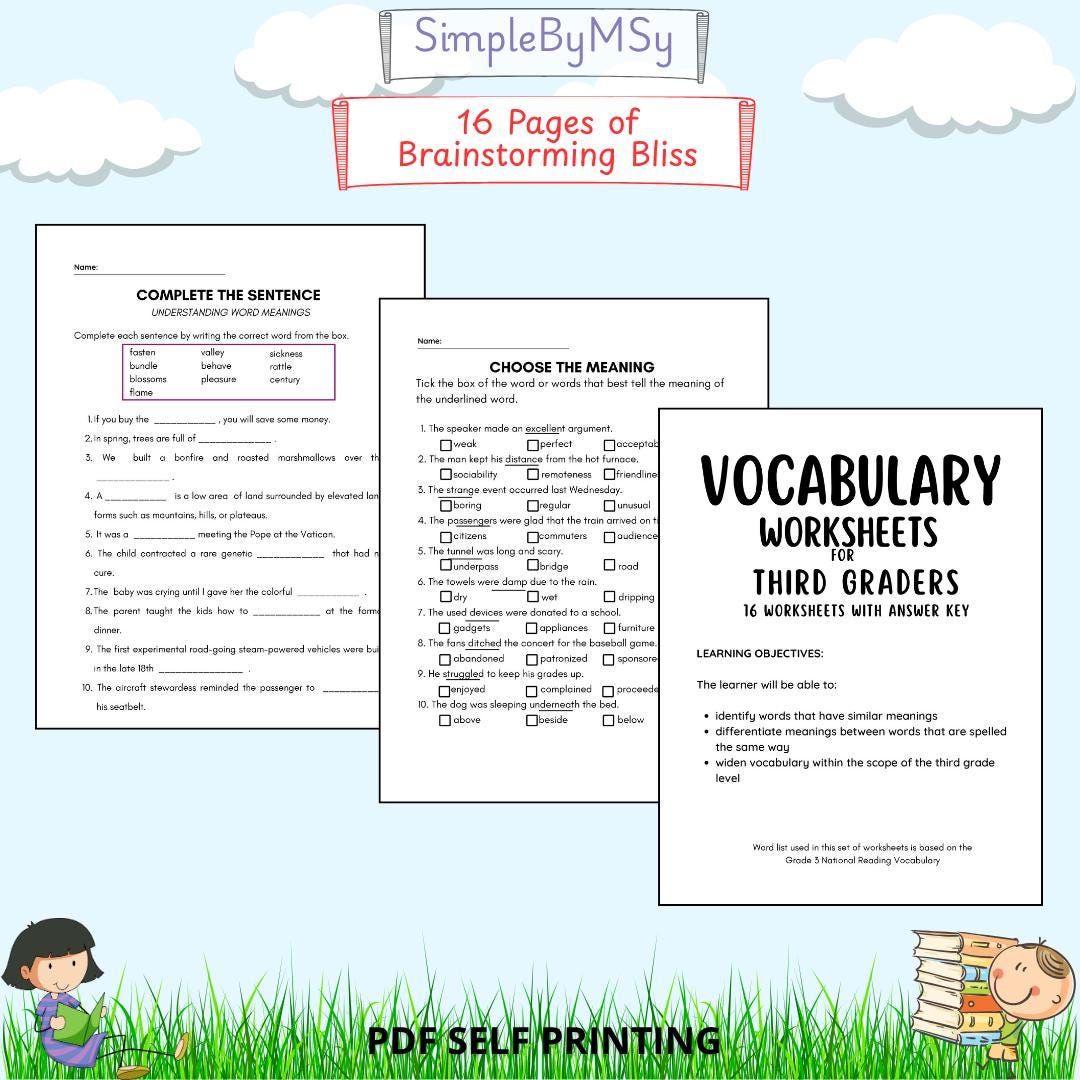 3rd Grade Vocabulary Worksheets: English Practice (PDF Download) - Etsy