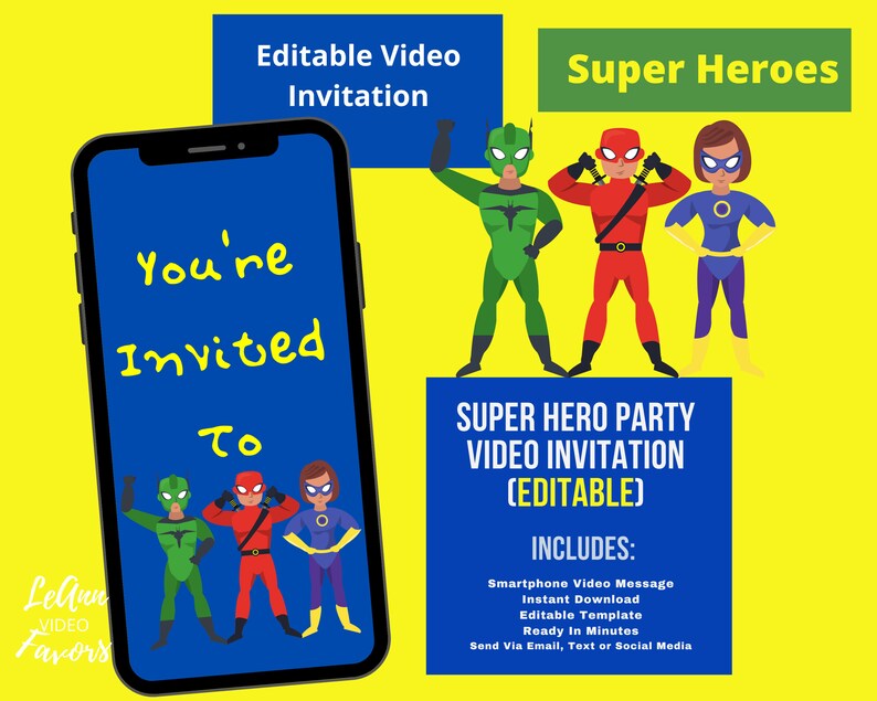 SUPERHERO Invitation, Video Invitation, Editable Kids Party Invite ...