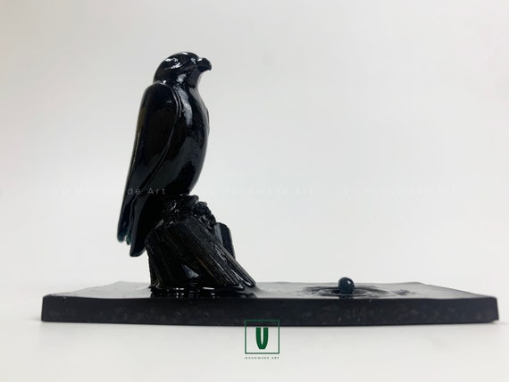 Black Falcon Sitting on Obsidian Stone Handmade Sculpture Art - Etsy