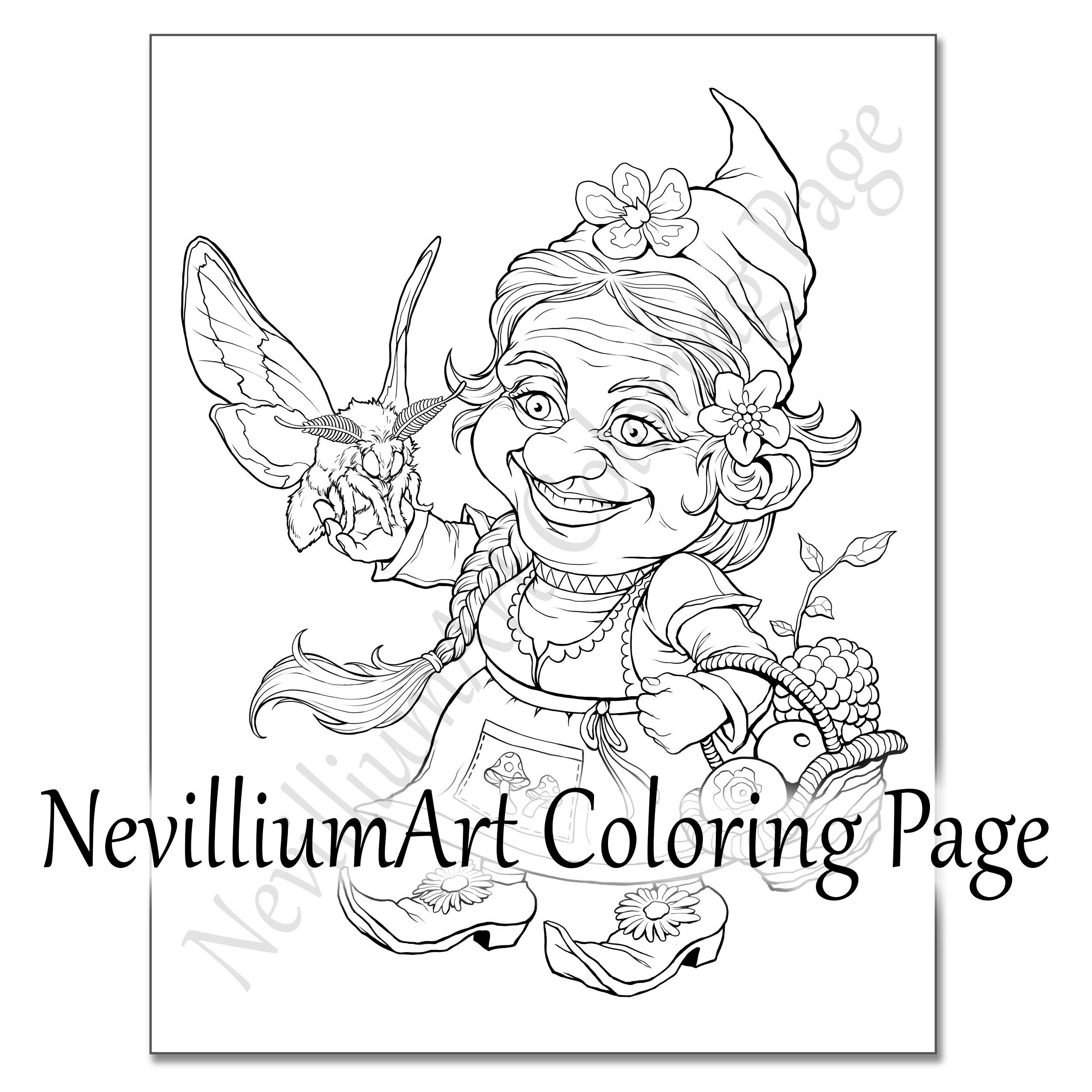 Gnome Flutter Coloring Page • Nevilliumart • Instant Download Printable ...