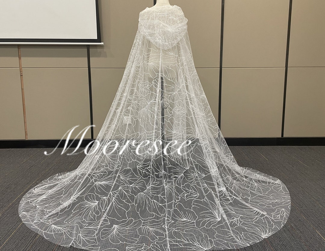 Boho Ivory White Flower Sequins Hooded Veil Wedding Cloak Bridal Cloak ...