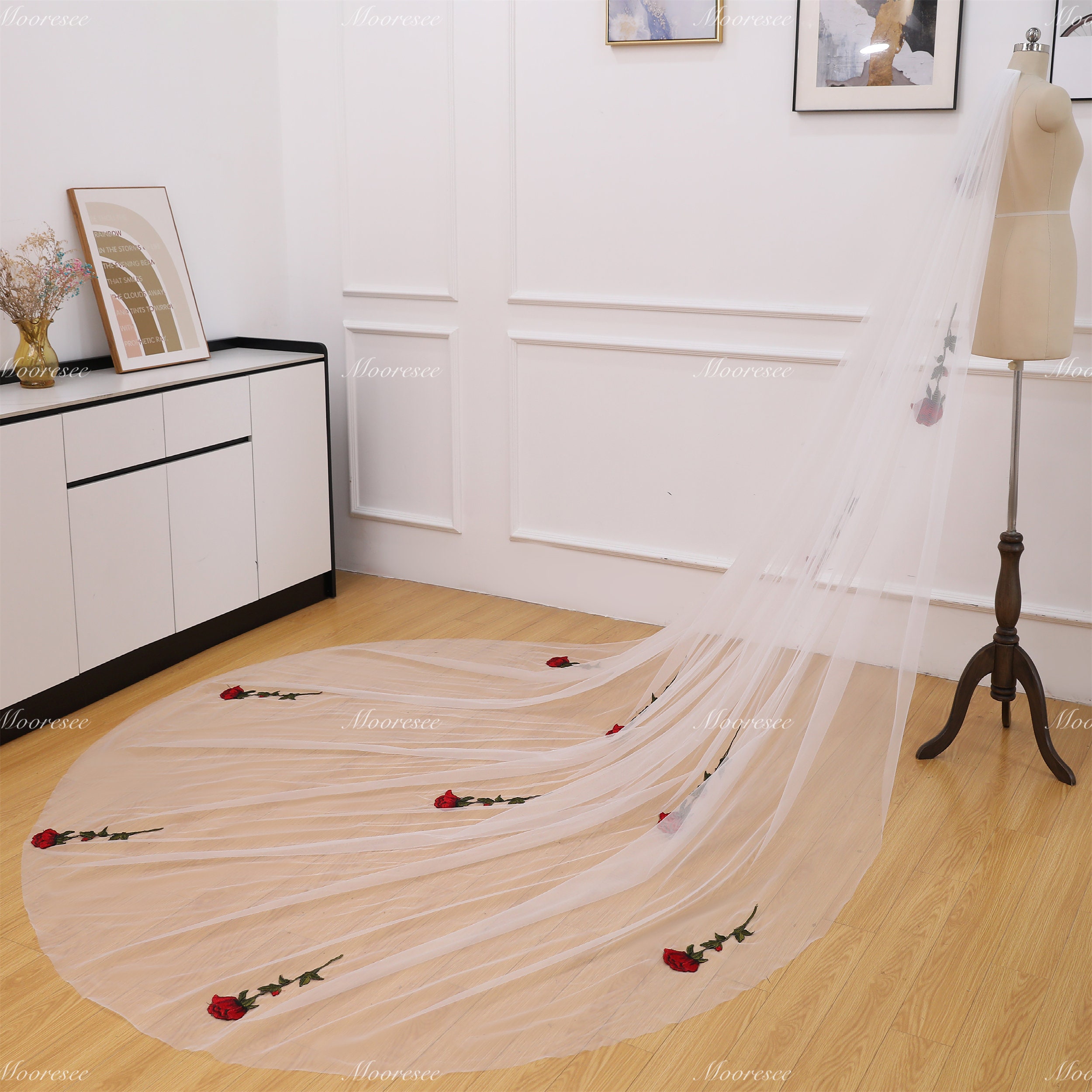 Unique Romantic Red Rose Lace Applique Black Tulle Veil Fairy Flower ...