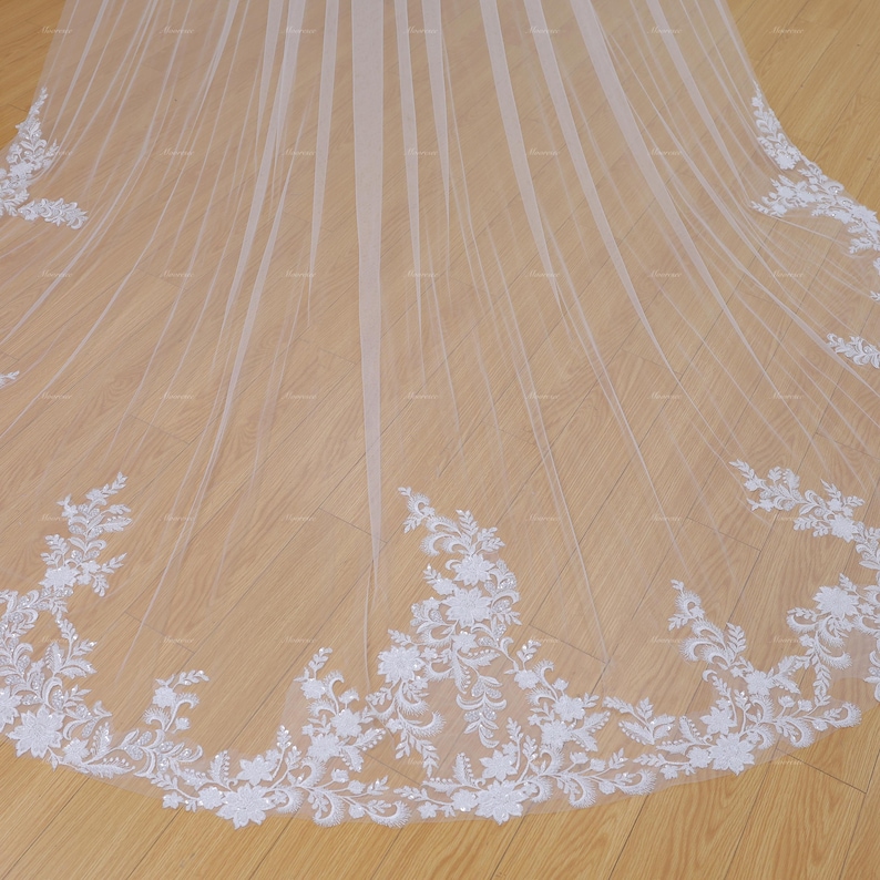Cathedral Sequins Flower Lace Wedding Veil Elegant Lace Veil Boho ...