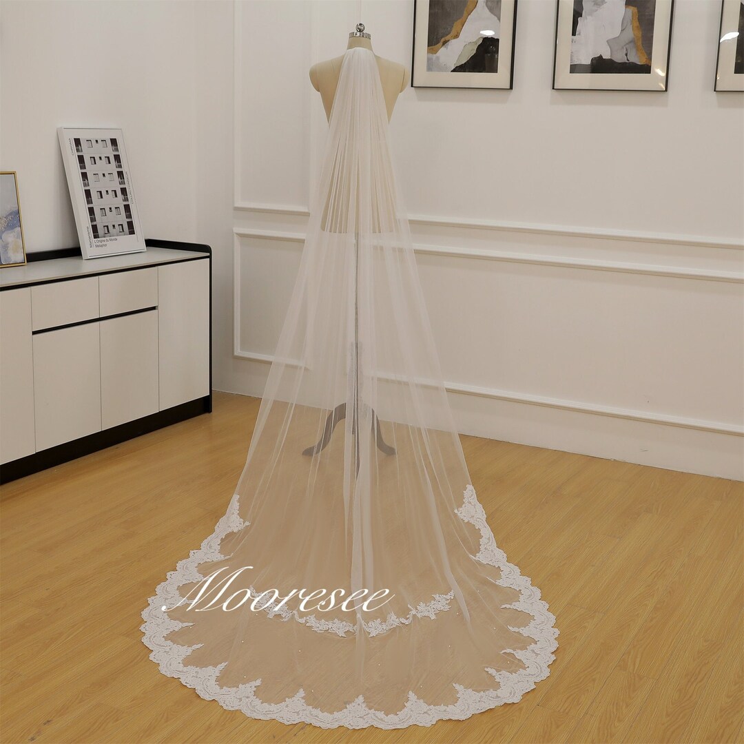Elegant Embroidered Flower Edge Lace Scattered Pearls Veil Simple ...
