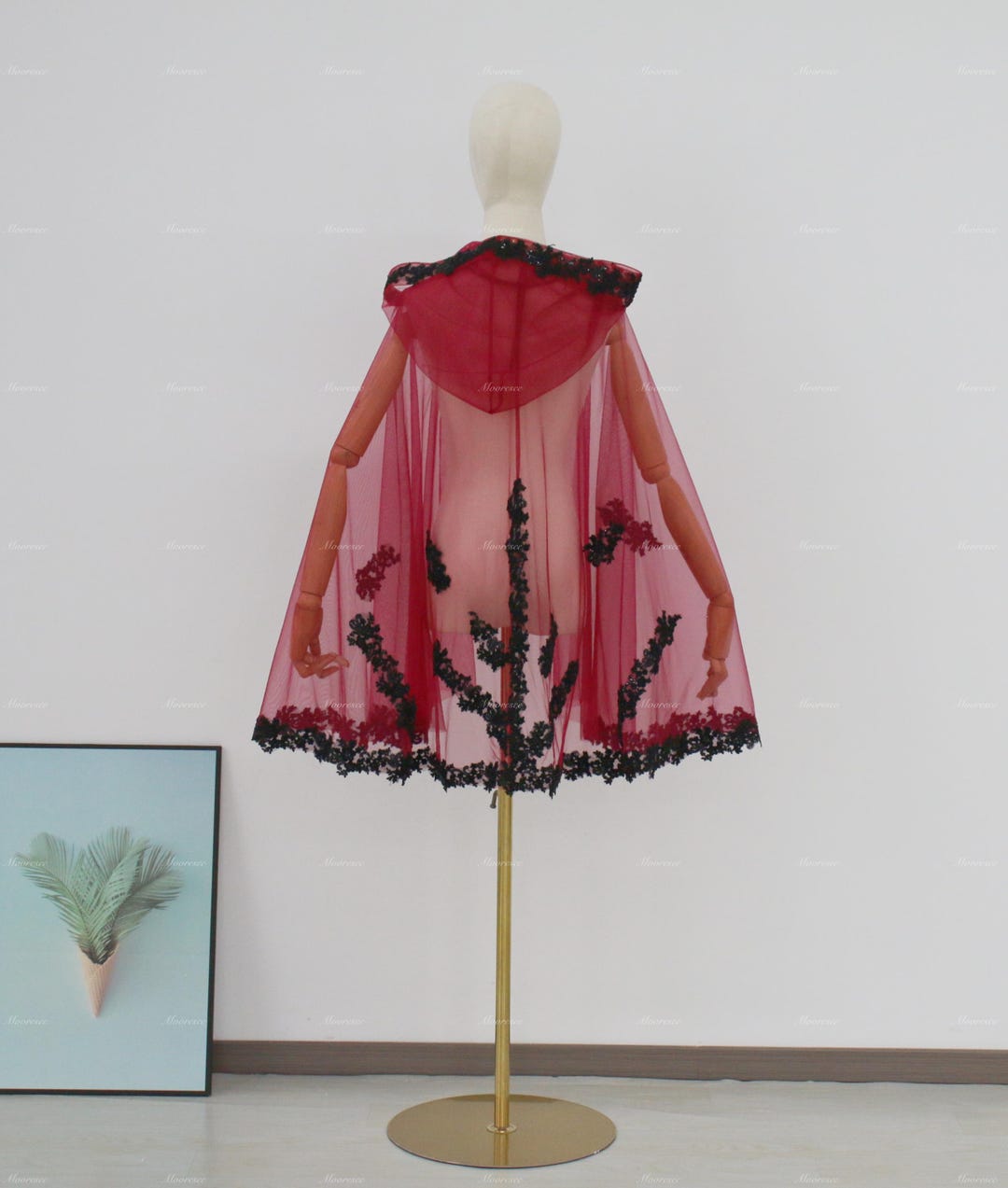 Black Beaded Lace Burgundy Red Tulle Hooded Cape Black Floral Lace ...