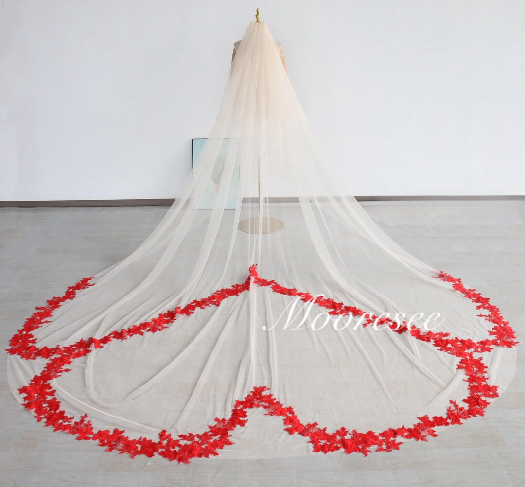 Heart Red Flower Lace Gorgeous Veil Red Lace Veil With Blusher Bridal ...