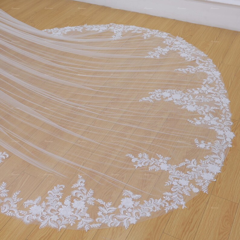 Cathedral Sequins Flower Lace Wedding Veil Elegant Lace Veil Boho ...