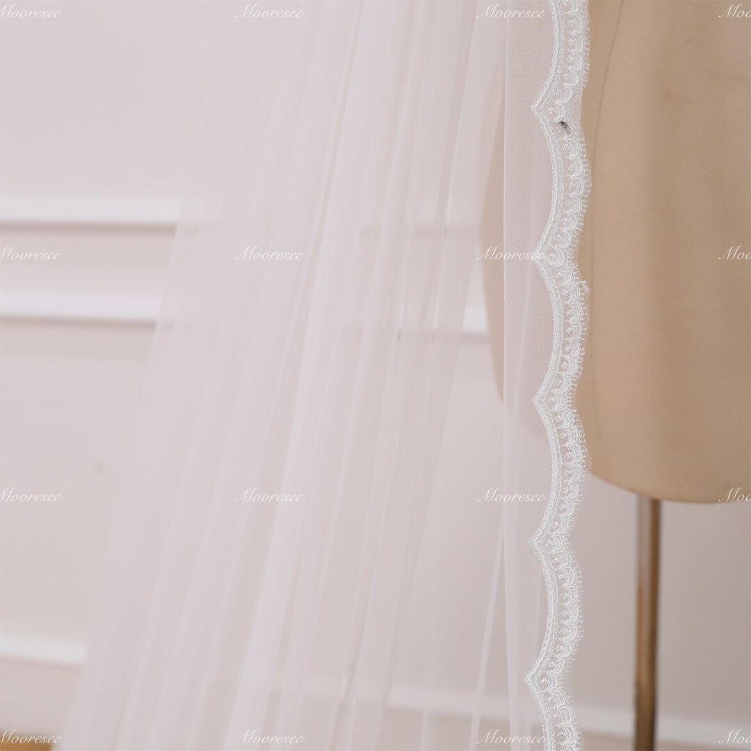 Simple Wave Lace Trim Wedding Veil Elegant Lace Veil Handmade Cathedral ...