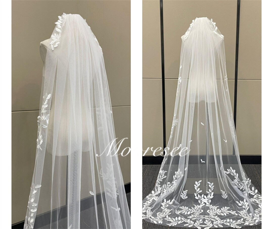 Leaf Lace Wedding Veil Vintage Beach Veil With Comb 1 Tier Cathedral ...