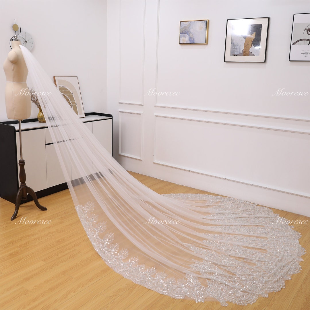 Church Luxury Sparkly Silver Sequins Lace Wedding Veil Vintage Veil ...