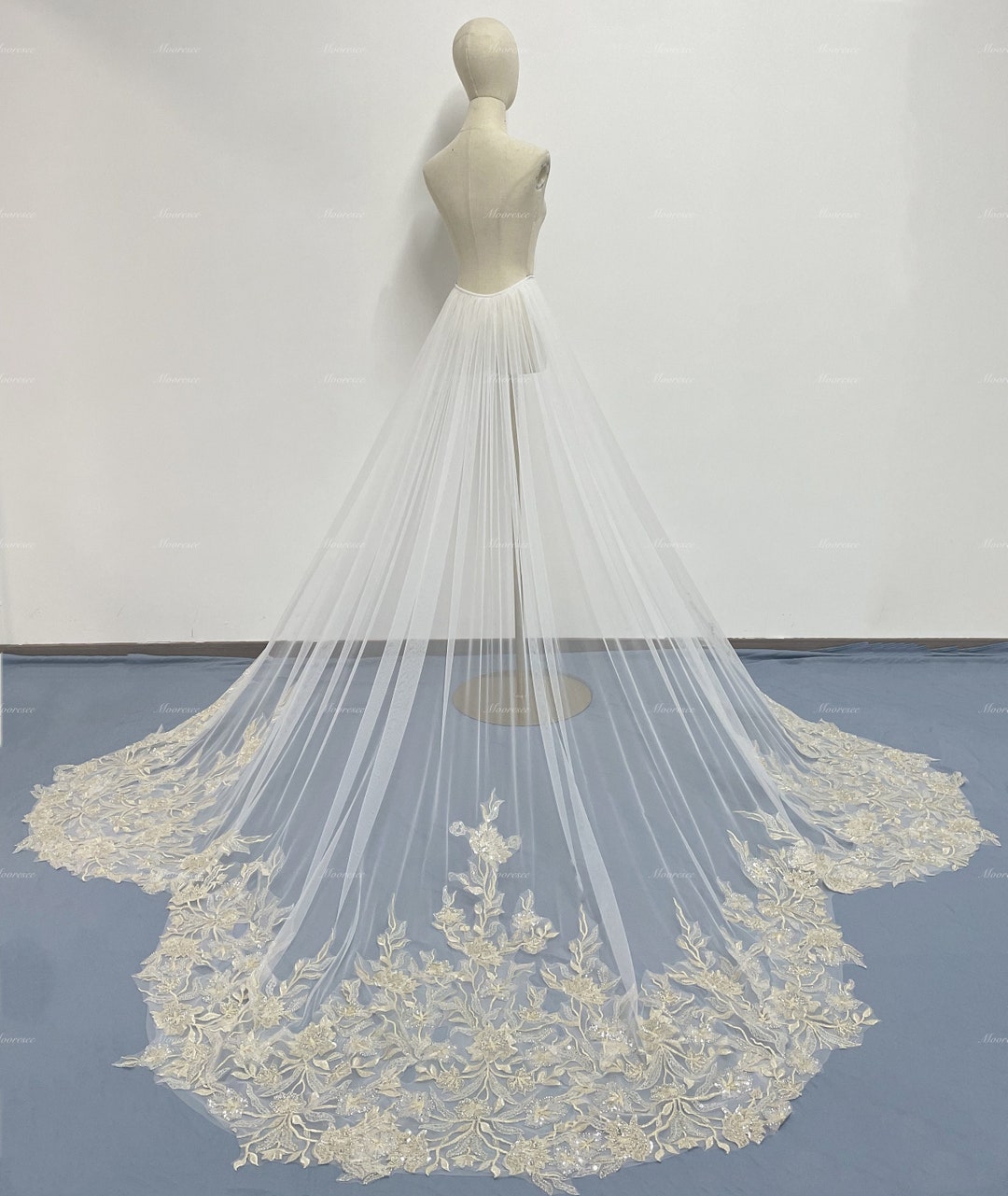 Front Open Gold Thread Floral Lace Detachable Train Wedding Dress Train ...