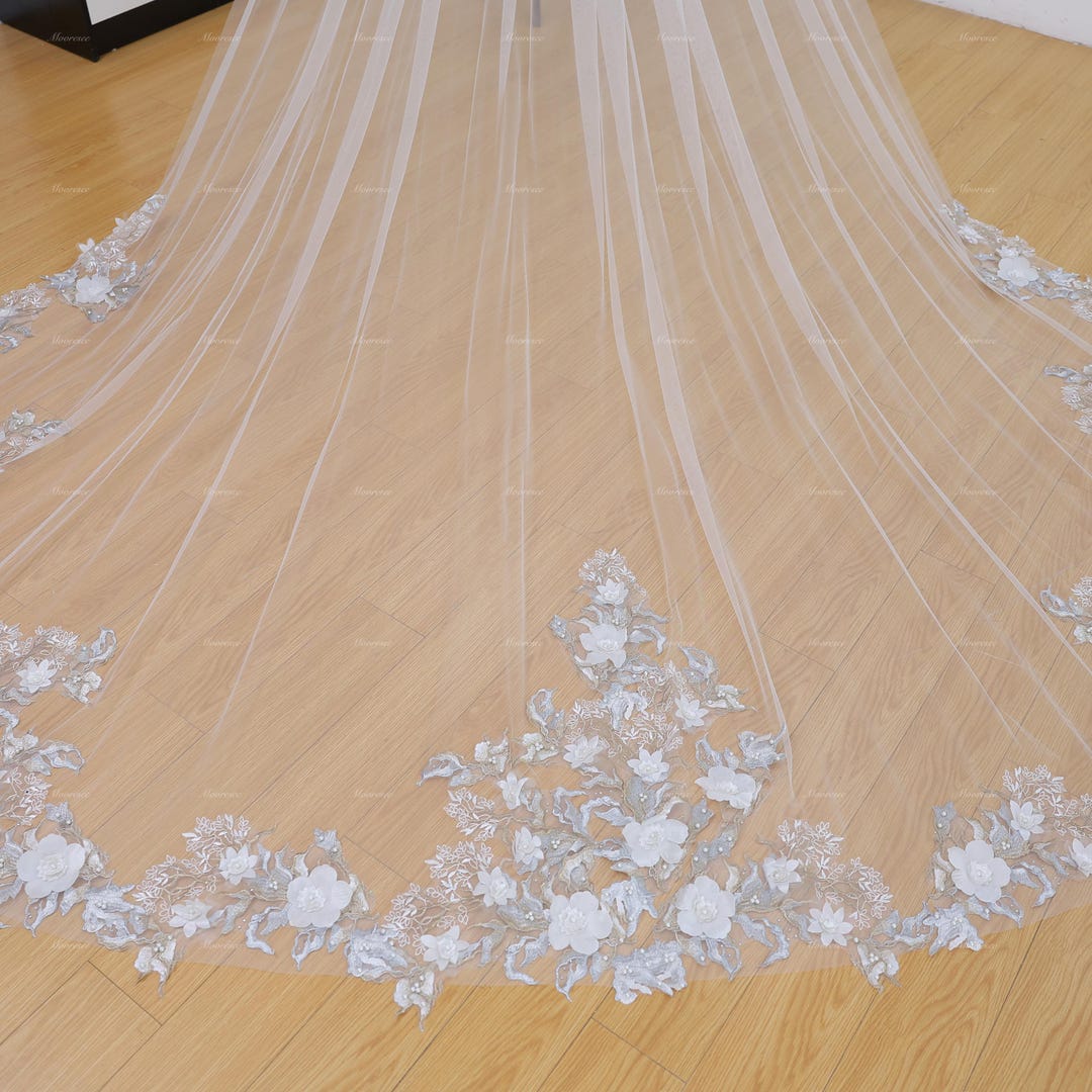 Boho Royal Veil Silver Gold Floral Lace Wedding Veil Vintage Veil 1T ...