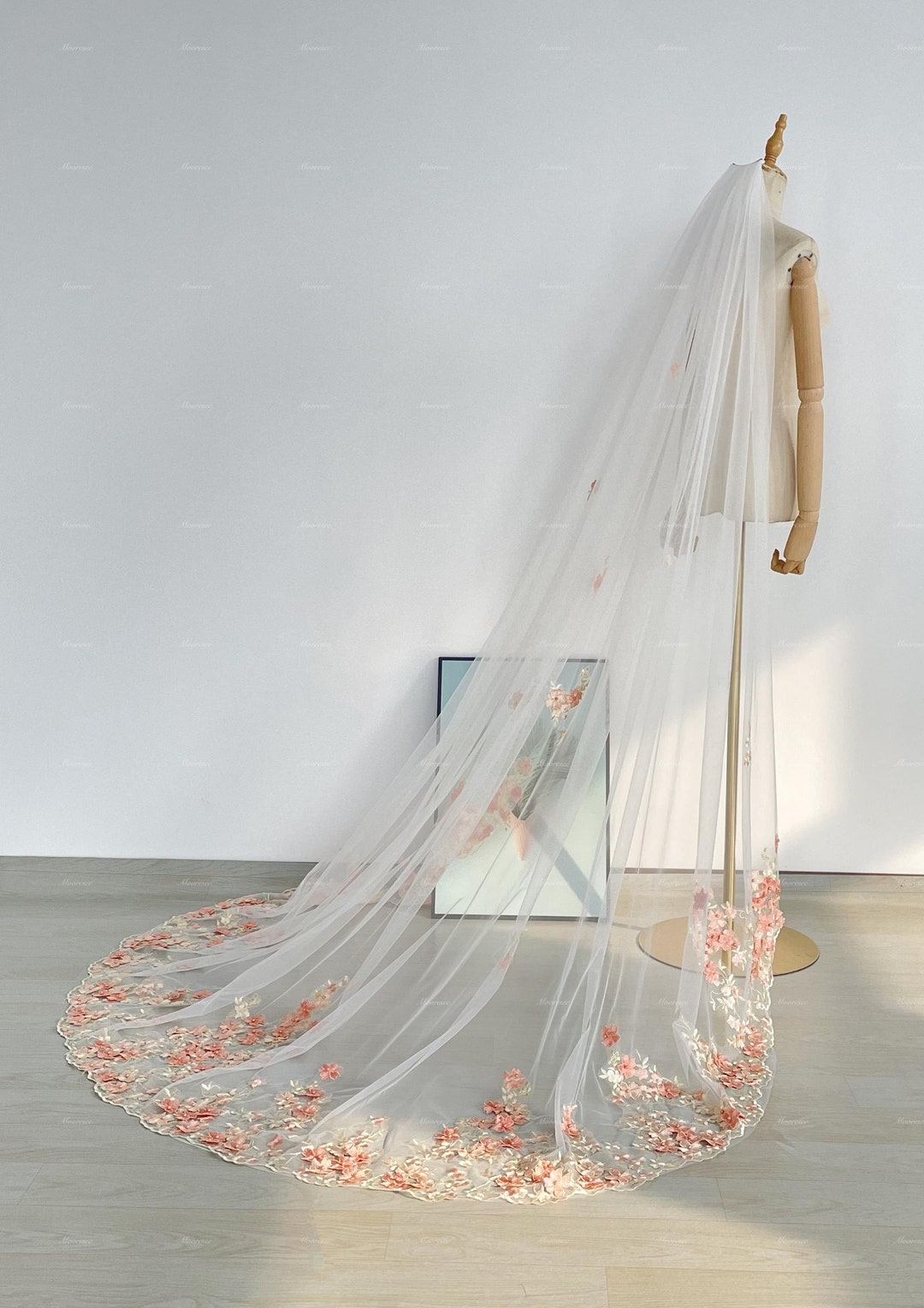 Sunset Orange Pink Floral Lace Veil Pearls Lace Wedding Veil With Comb ...