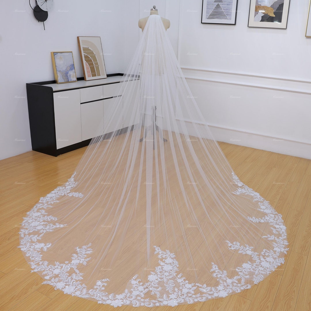 Cathedral Sequins Flower Lace Wedding Veil Elegant Lace Veil Boho ...