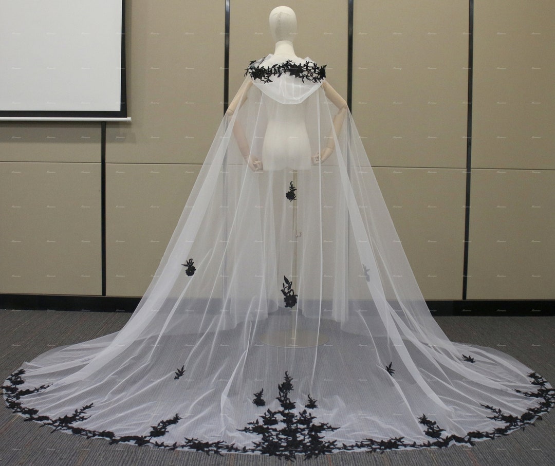 Custom Black Flower Lace Ivory Tulle Hooded Cape Garden Bride Cape ...