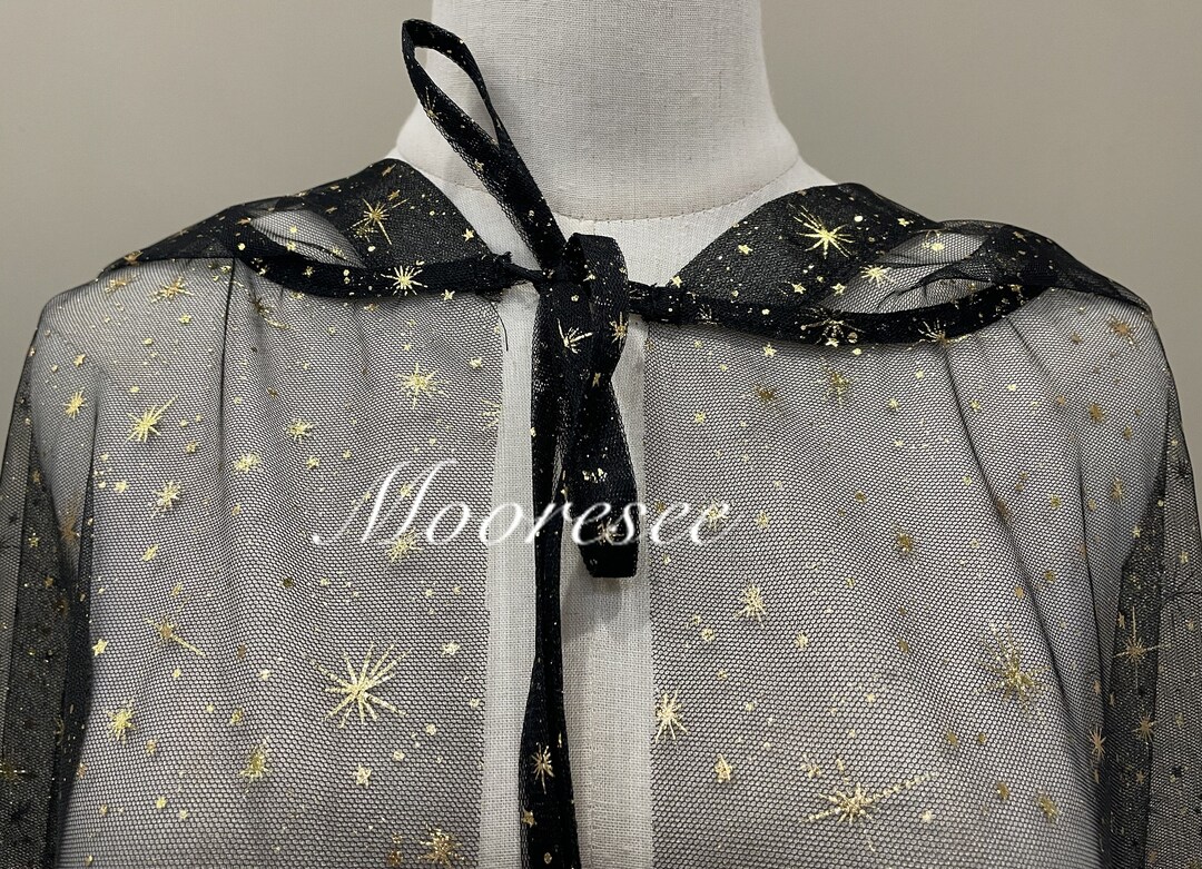 Glamourous Starry Sparkling Gold Star Cape for Bride Hooded Black Tulle ...