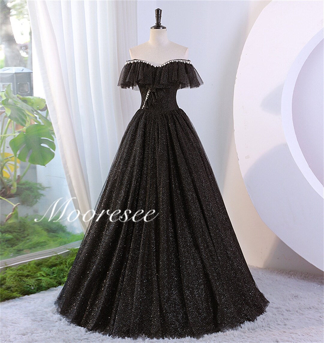 Off the Shoulder Sequins Black Tulle Prom Dress Girls Gothic Party Dress Gorgeous Birthday Dress ...