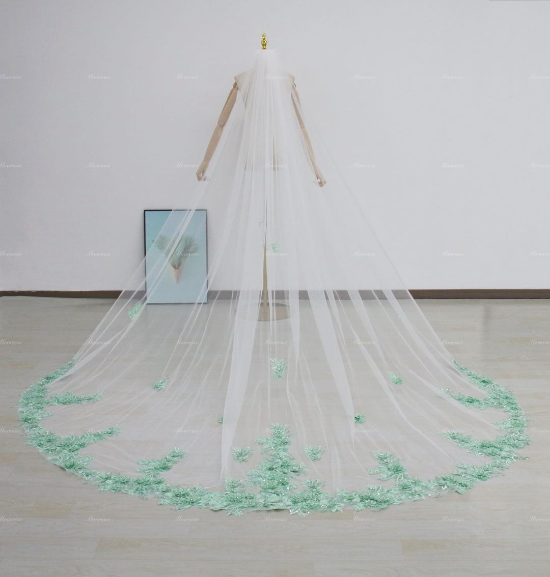 Rhinestone Green Floral Veil,3d Green Flower Lace Veil Boho Wedding ...