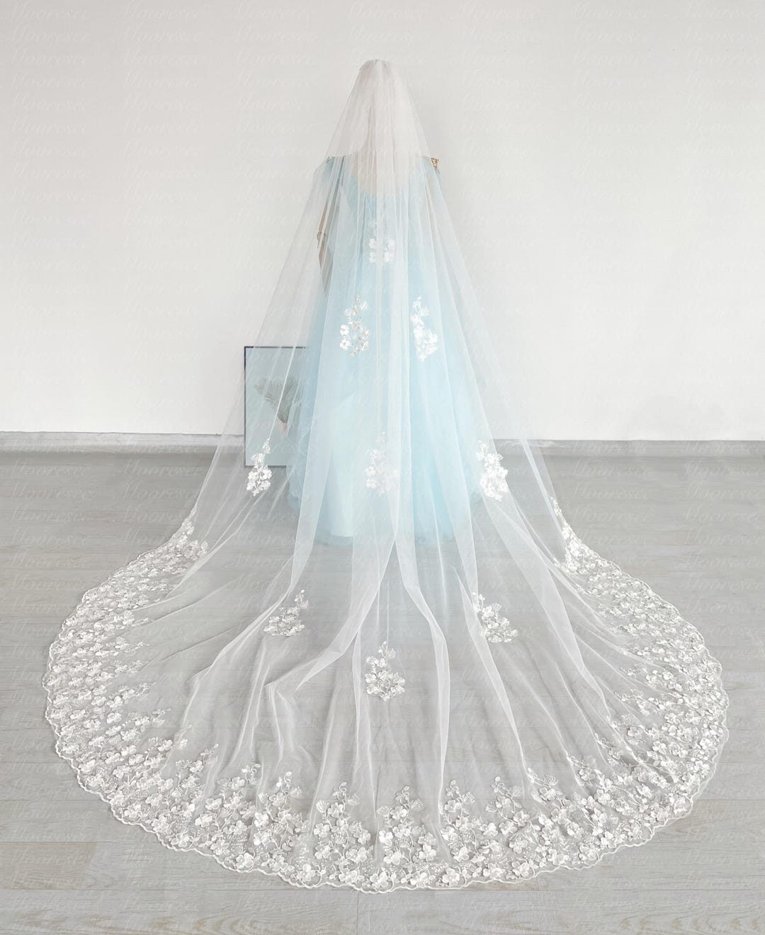 Off White Floral Lace Veil With Scattered Pearls Lace Wedding Veil With ...