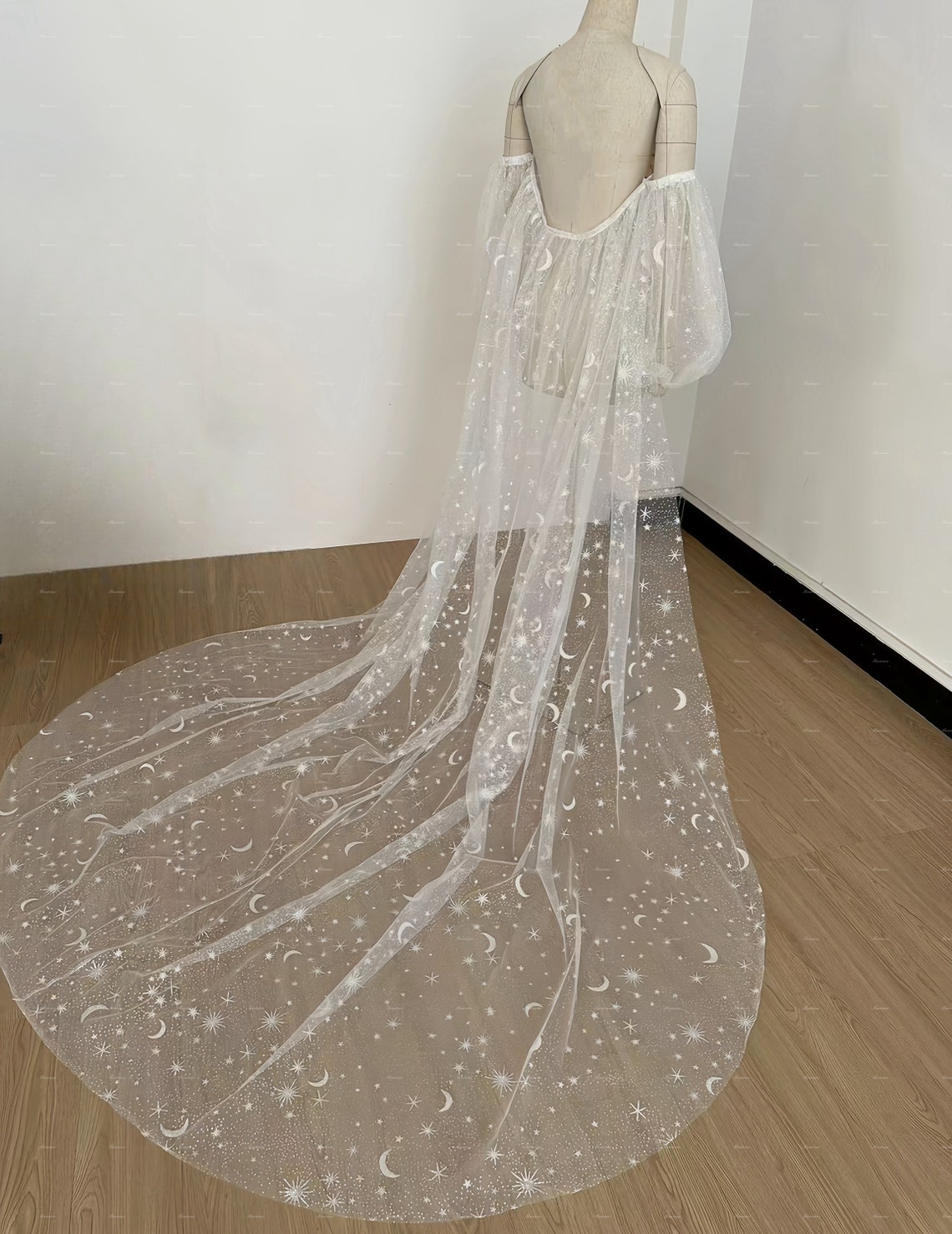 Shiny Moon Star White Wedding Cape With Pop Sleeves Bicep Cape Gorgeous ...