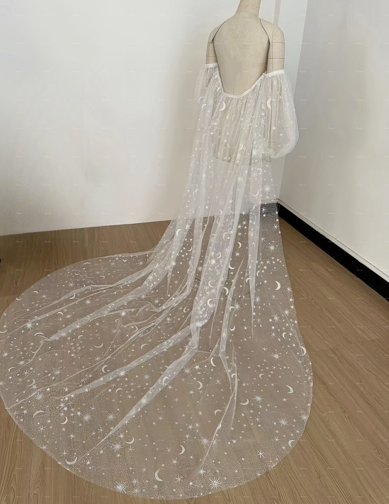 Shiny Moon Star White Wedding Cape With Pop Sleeves Bicep Cape Gorgeous ...