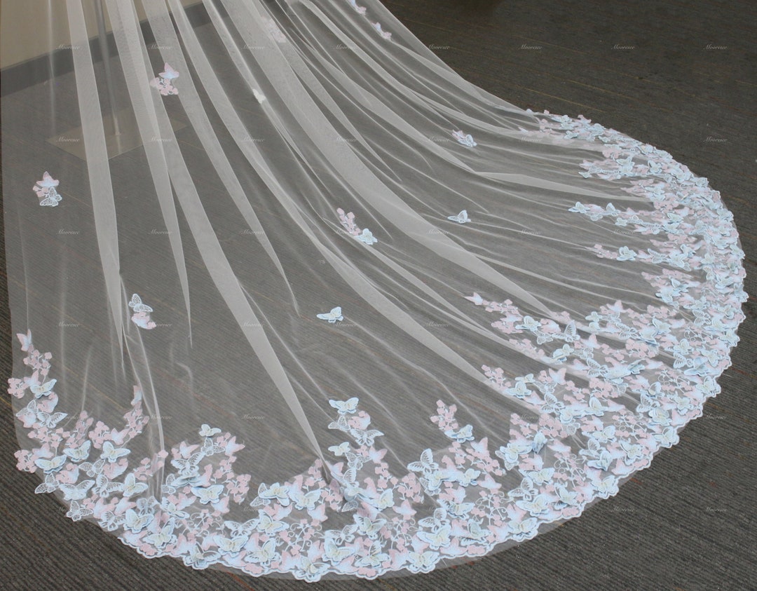Boho Cathedral Length Blue Butterfly Lace Veil Dreamy Blue Pink Lace ...