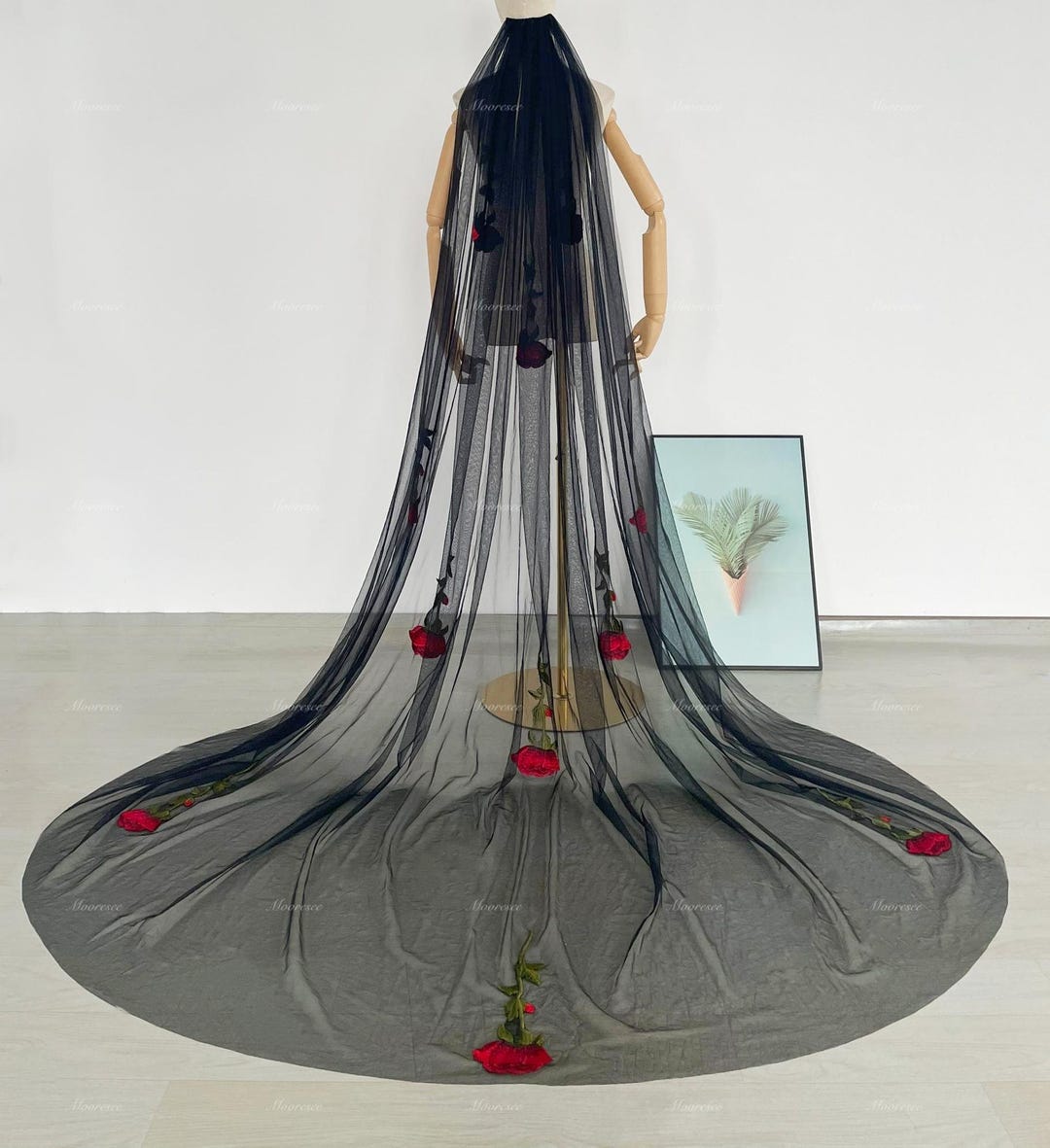 Unique Romantic Red Rose Lace Applique Black Tulle Veil Fairy Flower ...