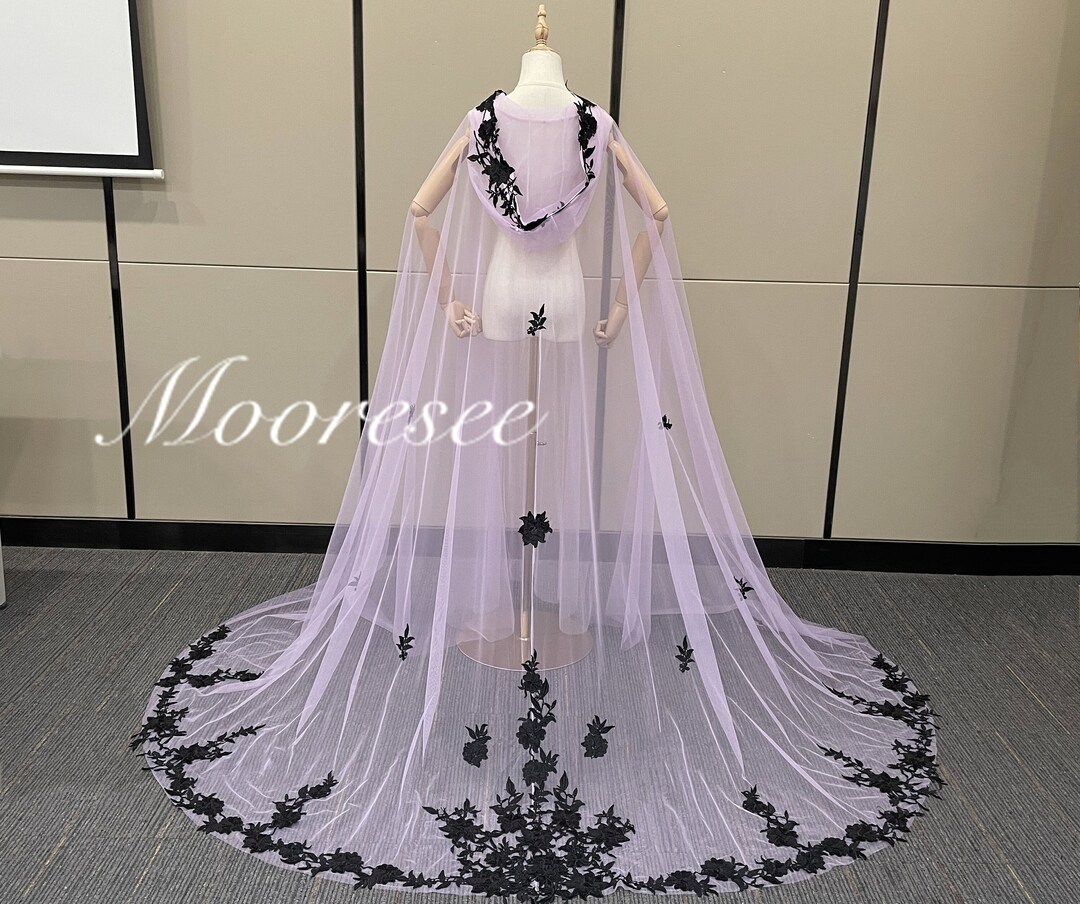 Black Flower Lace Lilac Tulle Hooded Veil Violet Cape Vintage Wedding ...