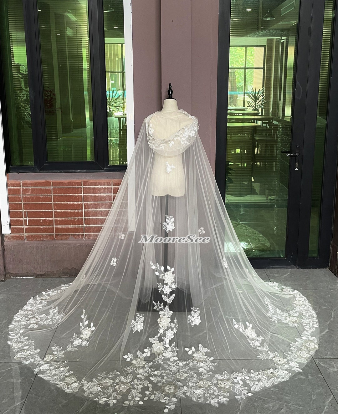 New Embroidered Lace Floral Champagne Tulle Hooded Veil Wedding Cape ...