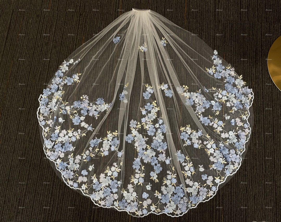 Blue Floral Lace Veil Embroidered Floral Lace Wedding Veil With Comb 1T ...
