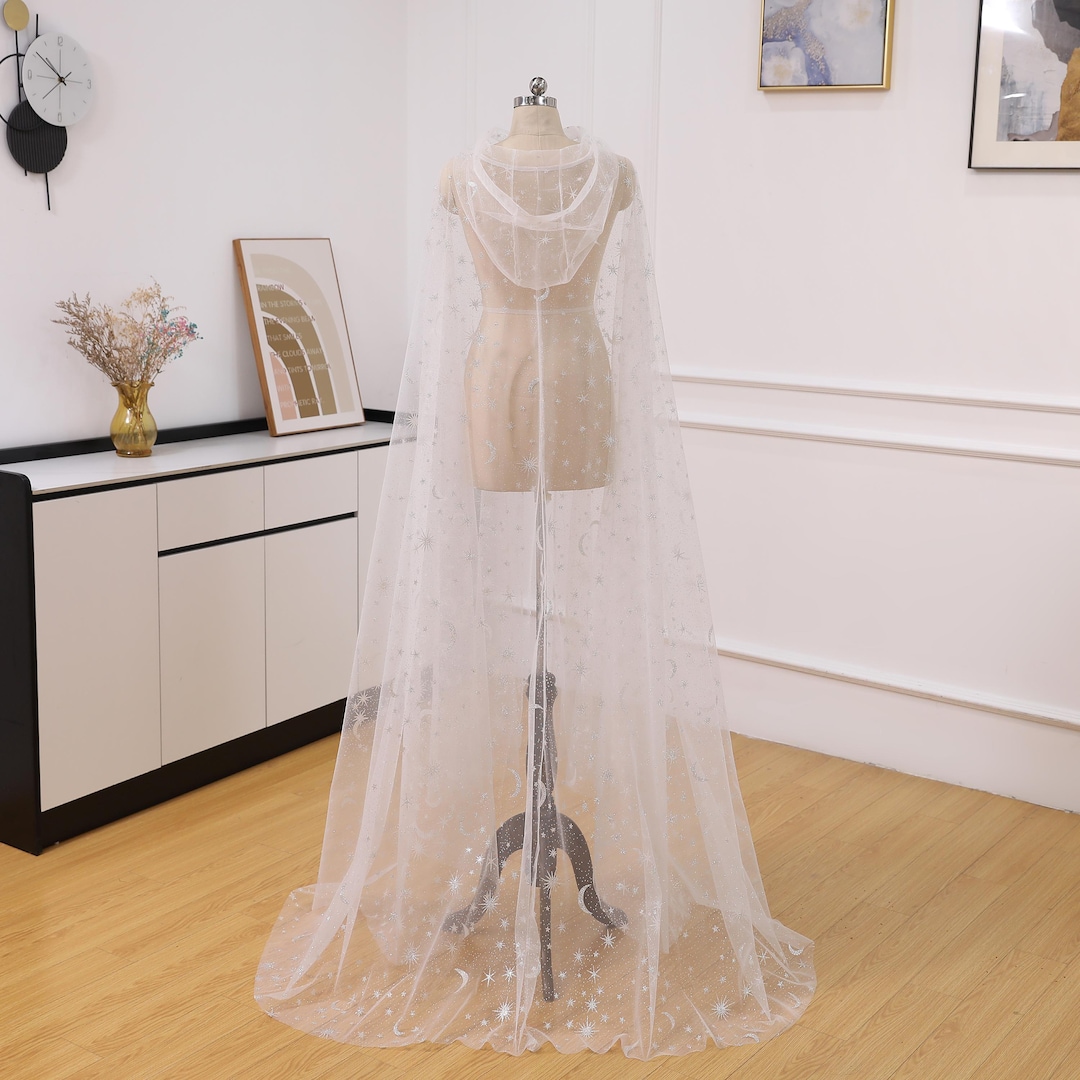 Shiny White Wedding Cape for Bride Hooded Cape Wedding Veil Moon Star ...