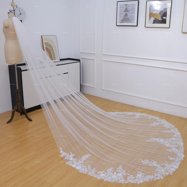 Cathedral Sequins Flower Lace Wedding Veil Elegant Lace Veil Boho ...